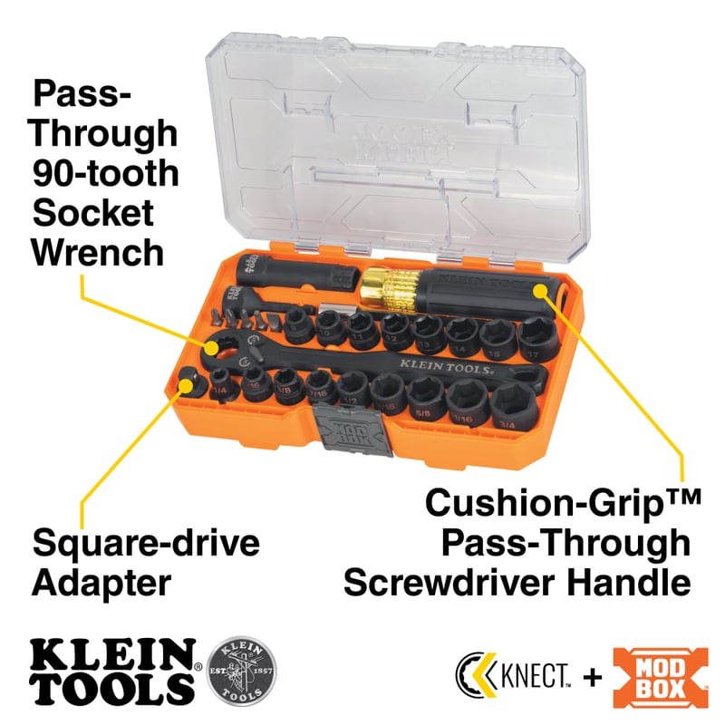 Klein 65400KNECT Pass Through Socket Set, 6 Points, 3/8 in Drive, 15 ...